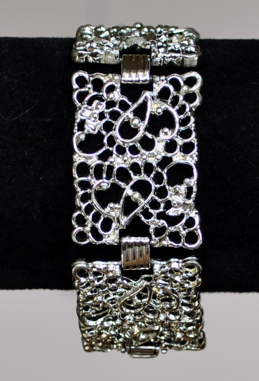Elegant Emmons Silver Filigree Lace Panel Link Bracelet - 7" Total Len ...