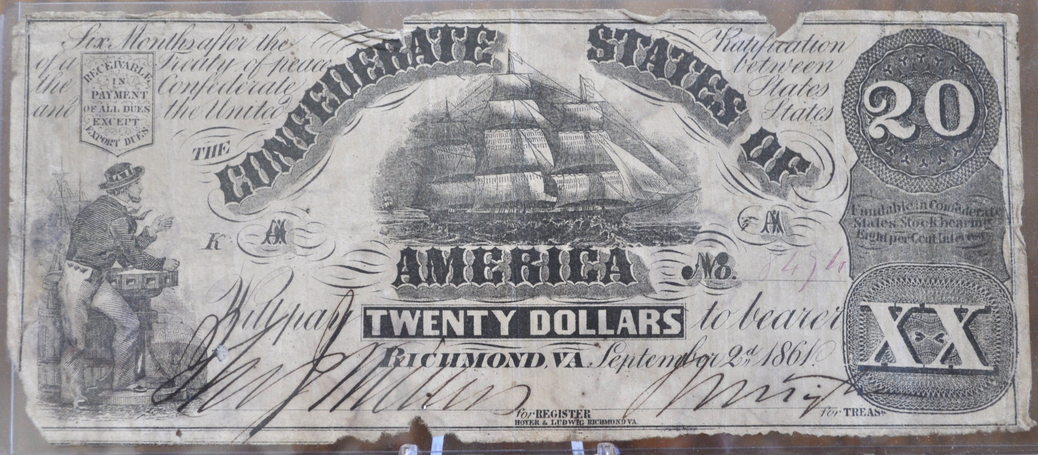 1861 Confederate States of America 20 Dollar Bill - Civil War Issue Ba ...
