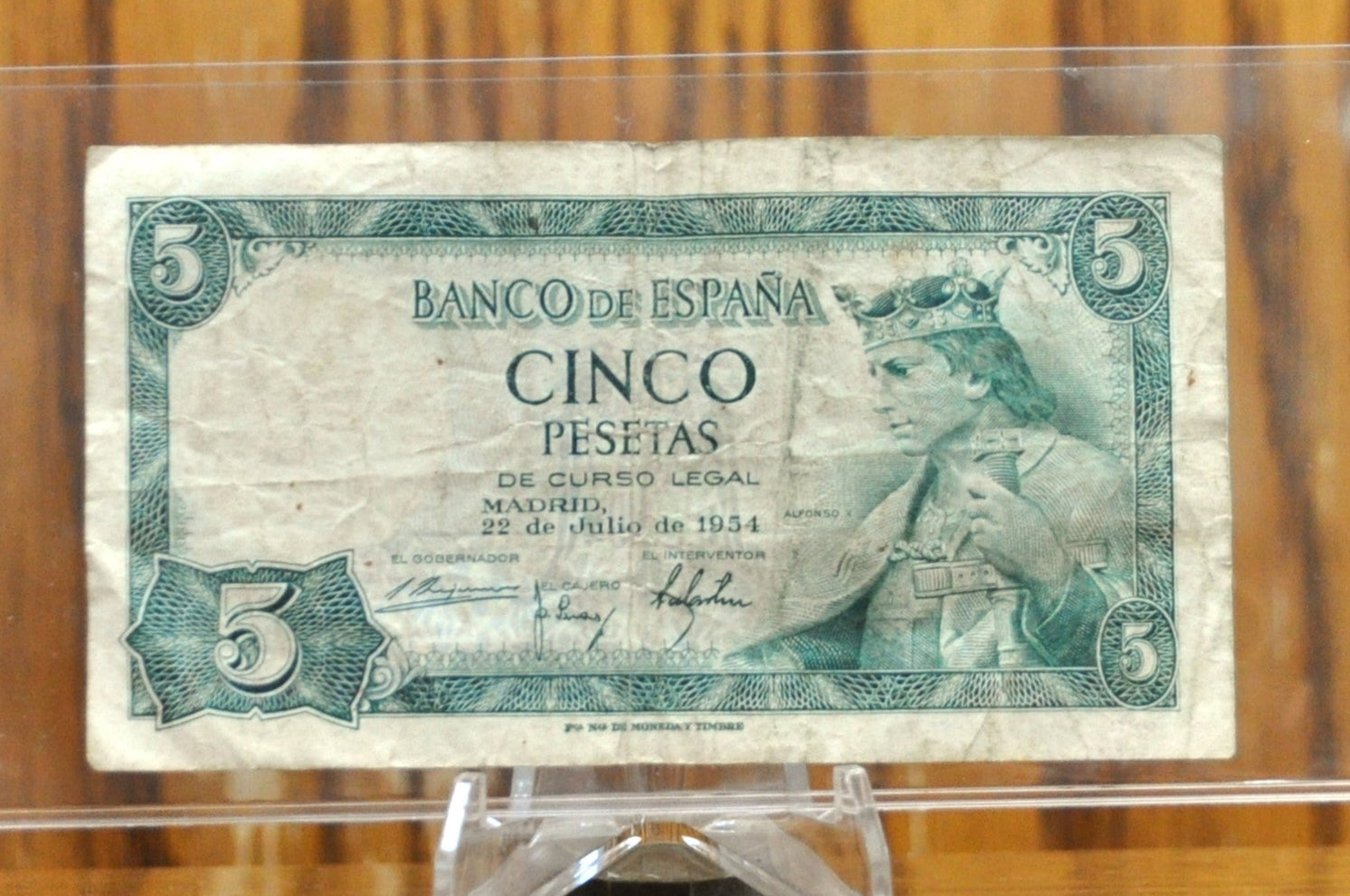 1954 Bank of Spain 5 Pesetas Bank Note - King Alfonso X Type - 22.7.19 ...