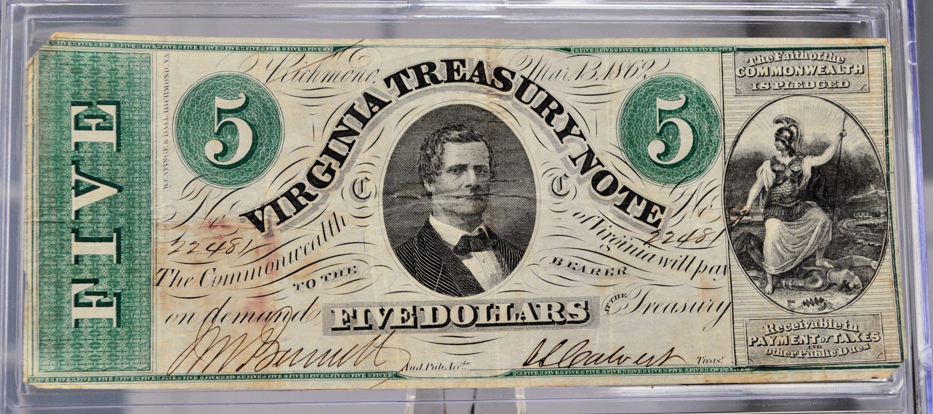 1862 Virginia Treasury 5 Dollar Obsolete Banknote - Virginia Confedera ...