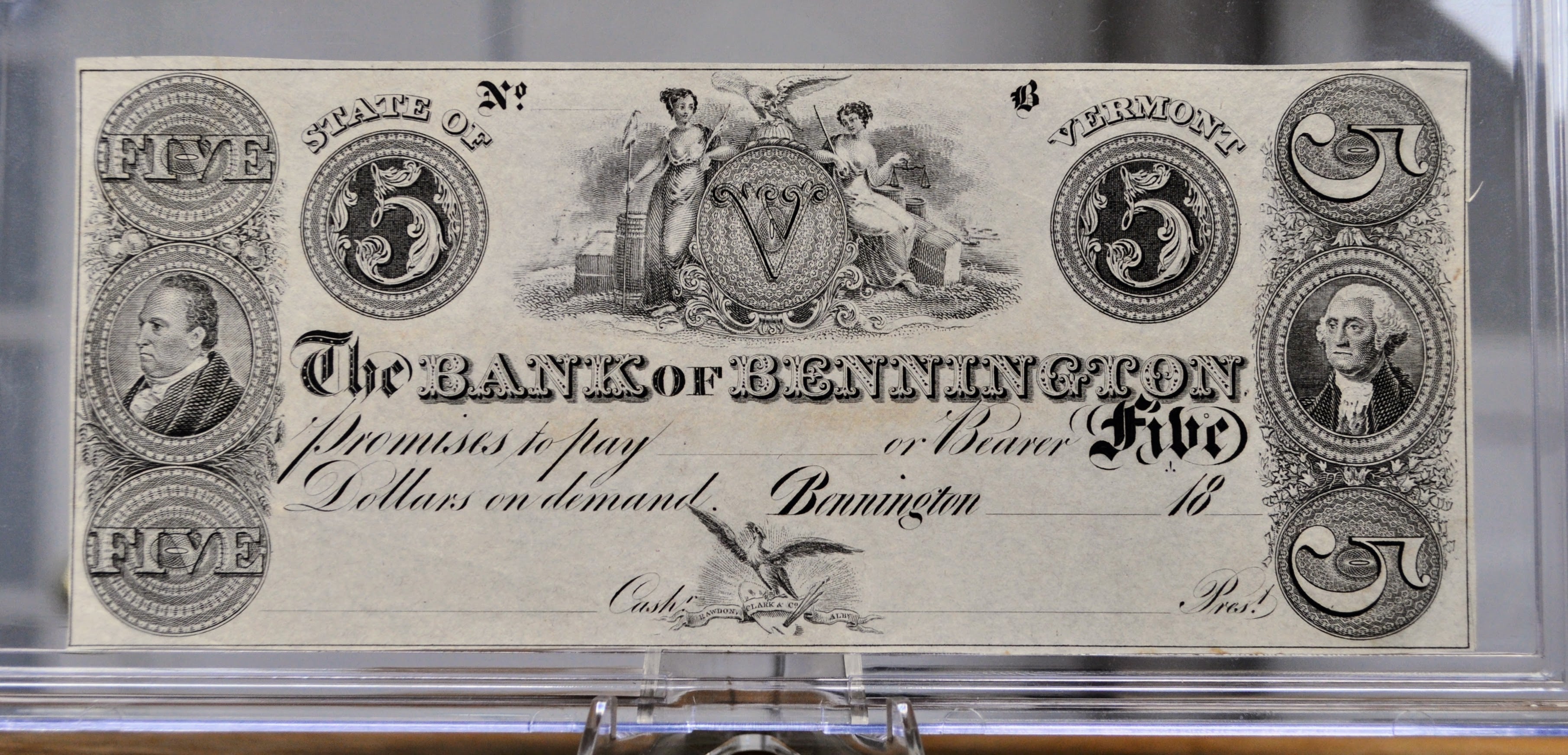 1800s Bank of Bennington 5 Dollar Obsolete Note - Vermont Obsolete Cur ...
