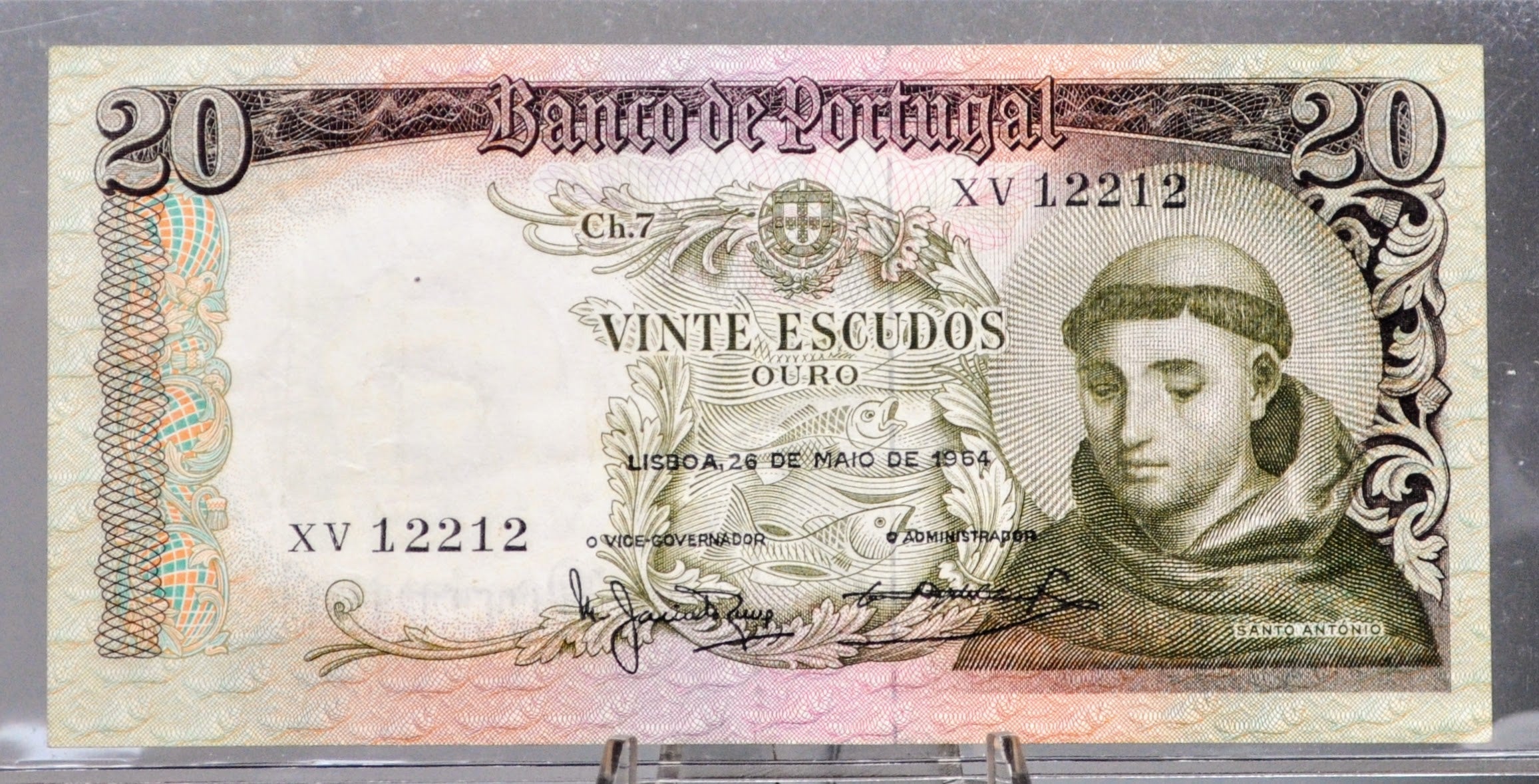 1964 Bank of Portugal 20 Escudos Note - Santo Antonio Type - Green Und ...