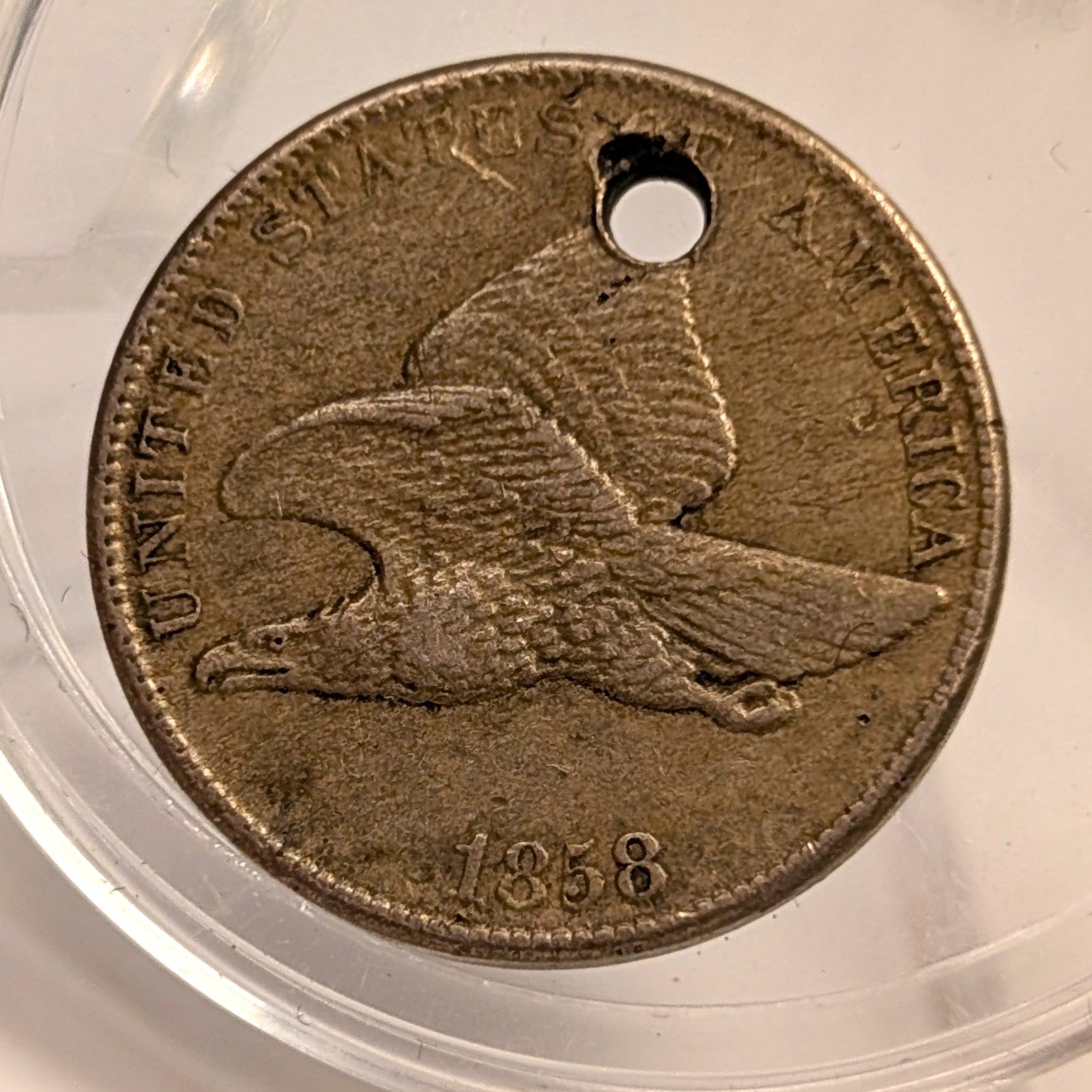 1858 U.S. Flying Eagle One Cent Large Letter Coin Holed for Jewelry XF ...