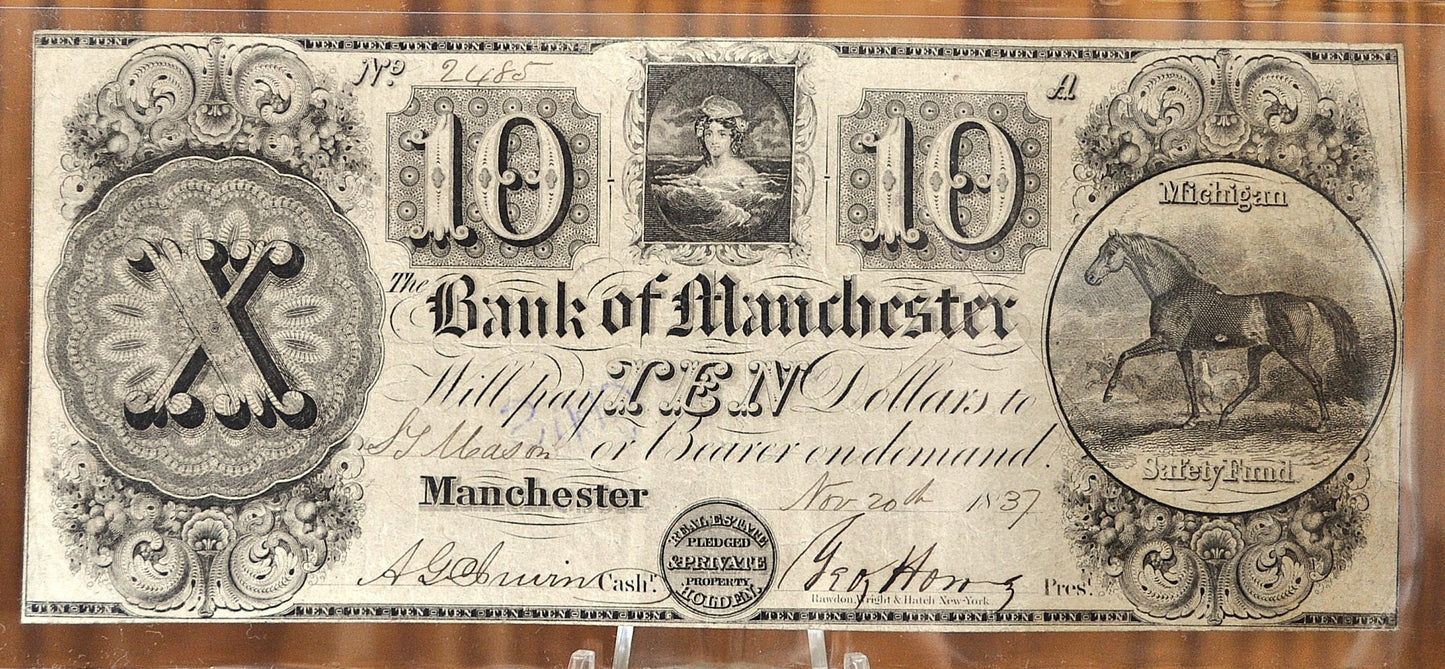 1837 Bank of Manchester 10 Dollar Paper Banknote - Michigan Safety Fun ...