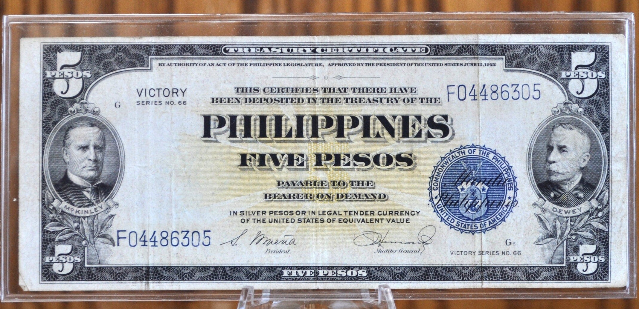 1944 Philippines 5 Pesos Victory Treasury Certificate, Rarer Note - Gr ...