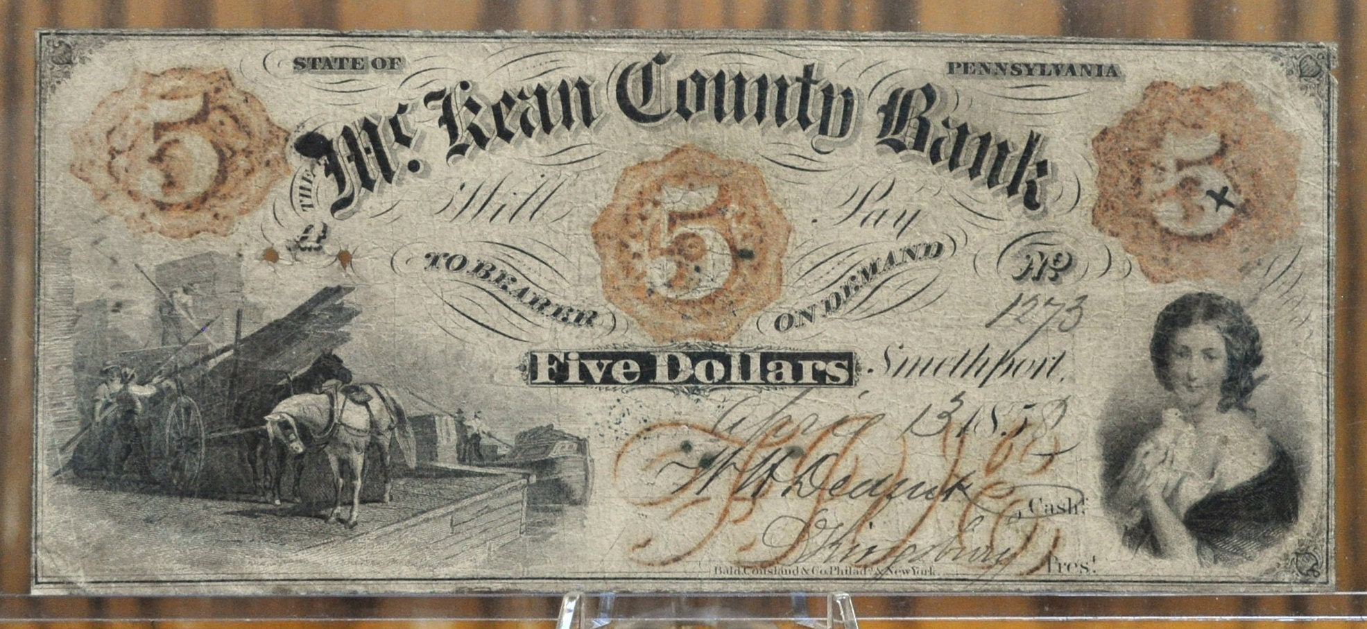 1858 McKean County Bank 5 Dollar Banknote - Pennsylvania Obsolete Curr ...