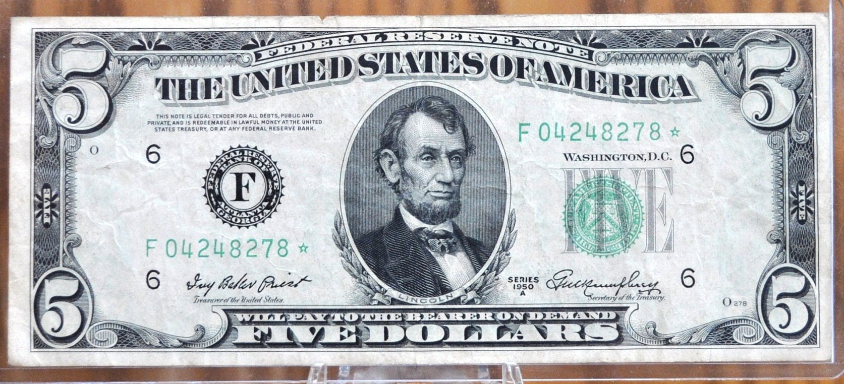 1950-A 5 Dollar Star Note - Rare - Fr#1962F* (F) Atlanta GA - VF Grade ...