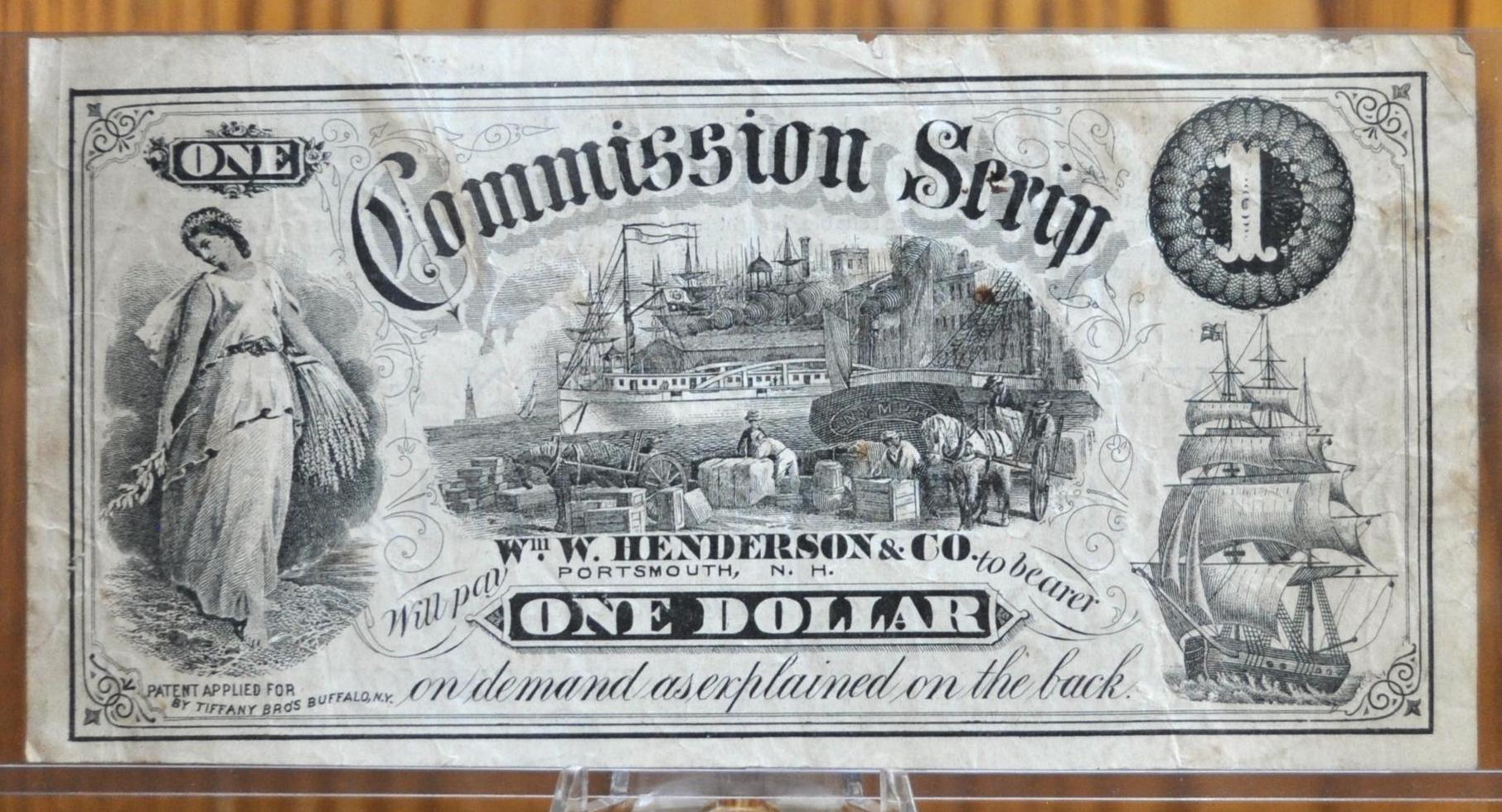 Extremely Rare 1873 Wm. W. Henderson 1 Dollar Scrip Note, Portsmouth N ...