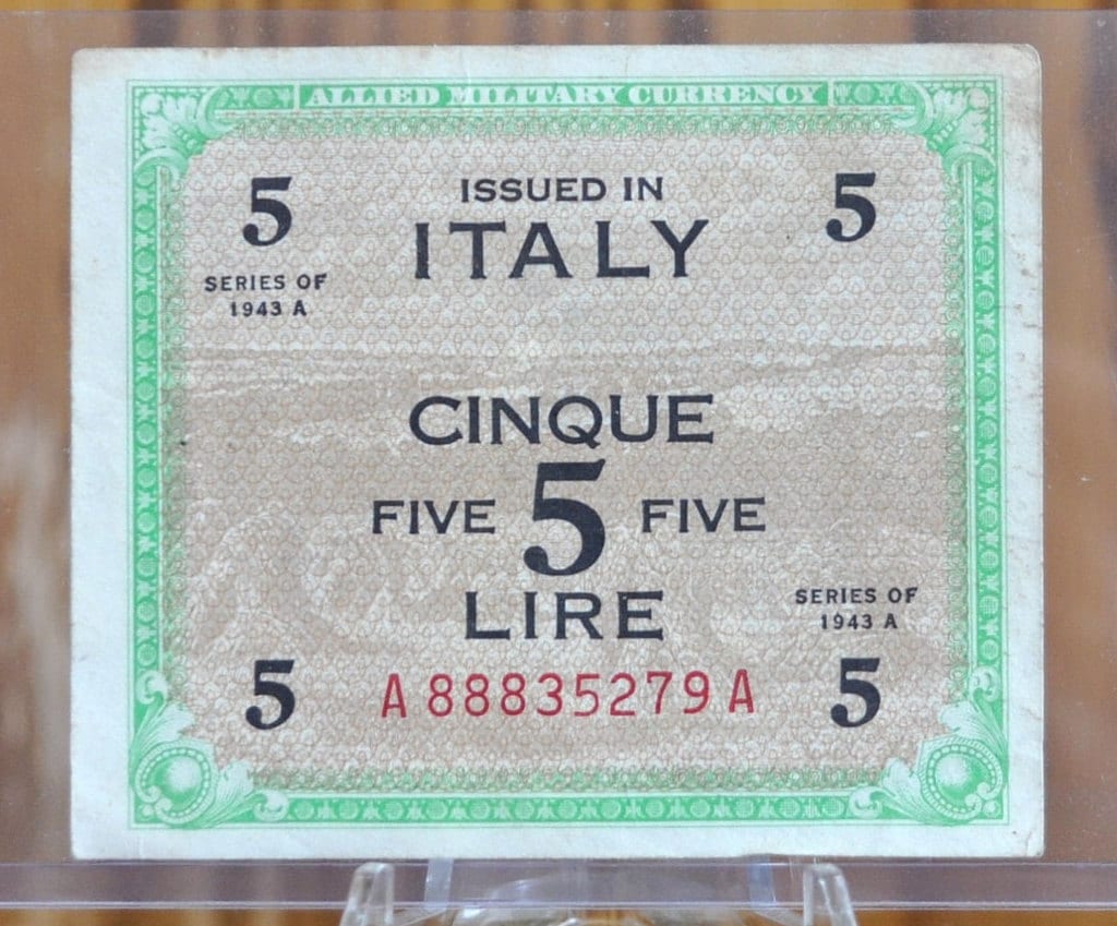 1943-A 5 Lire Allied Military Italy Note- WWII Issue - Italy Banknote ...