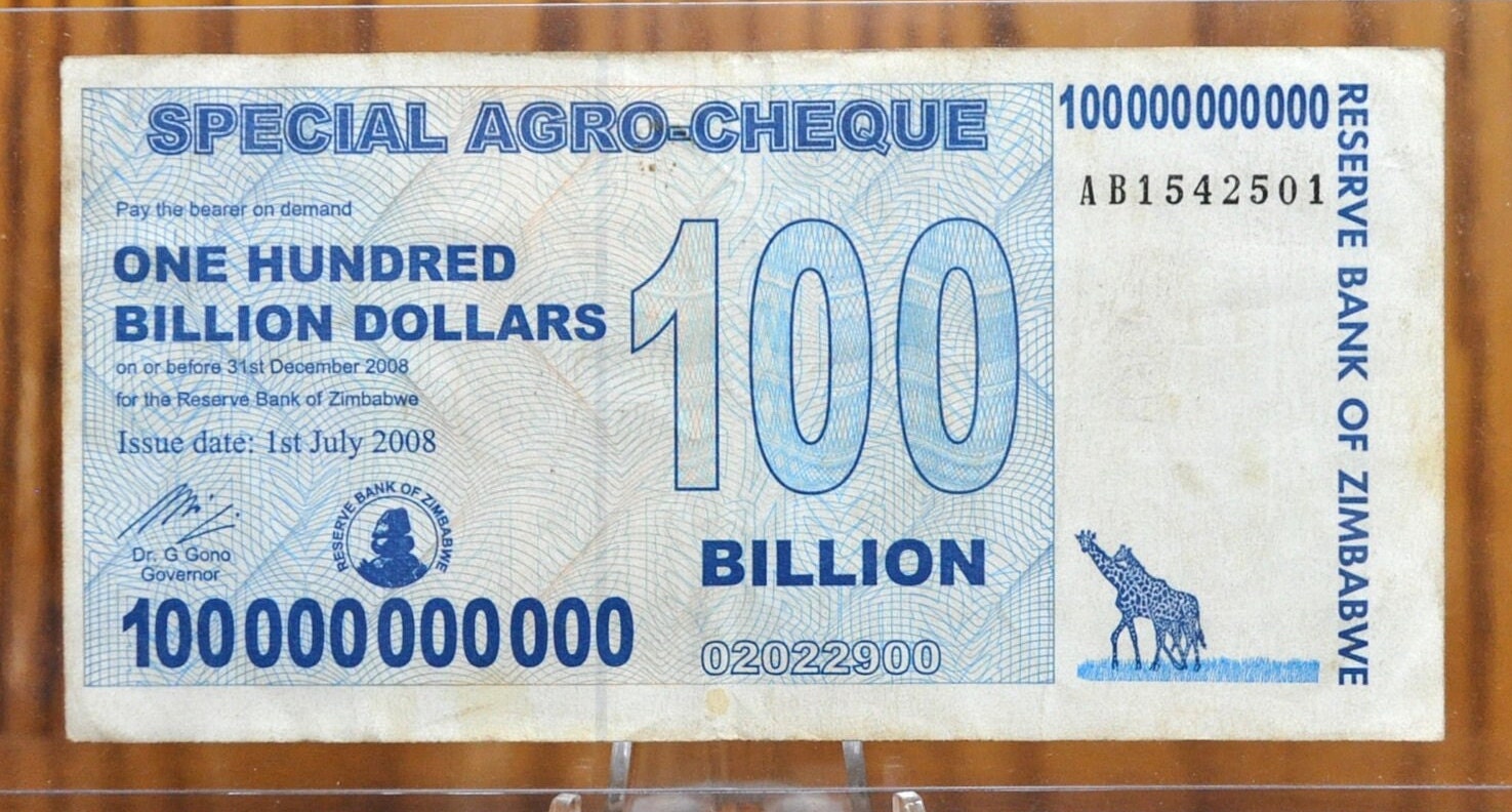 2008 Zimbabwe 100 Billion Dollar Banknote - Special Agro-Cheque, Hyper ...