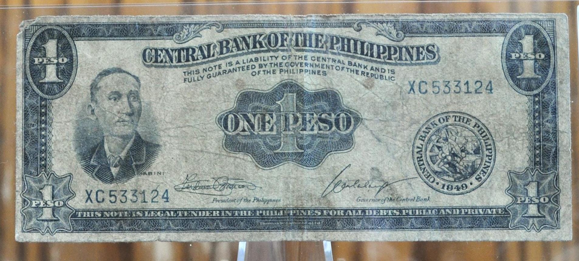 1949 Central Bank of the Philippines 1 Peso Note - Mabini Portrait - 1 ...