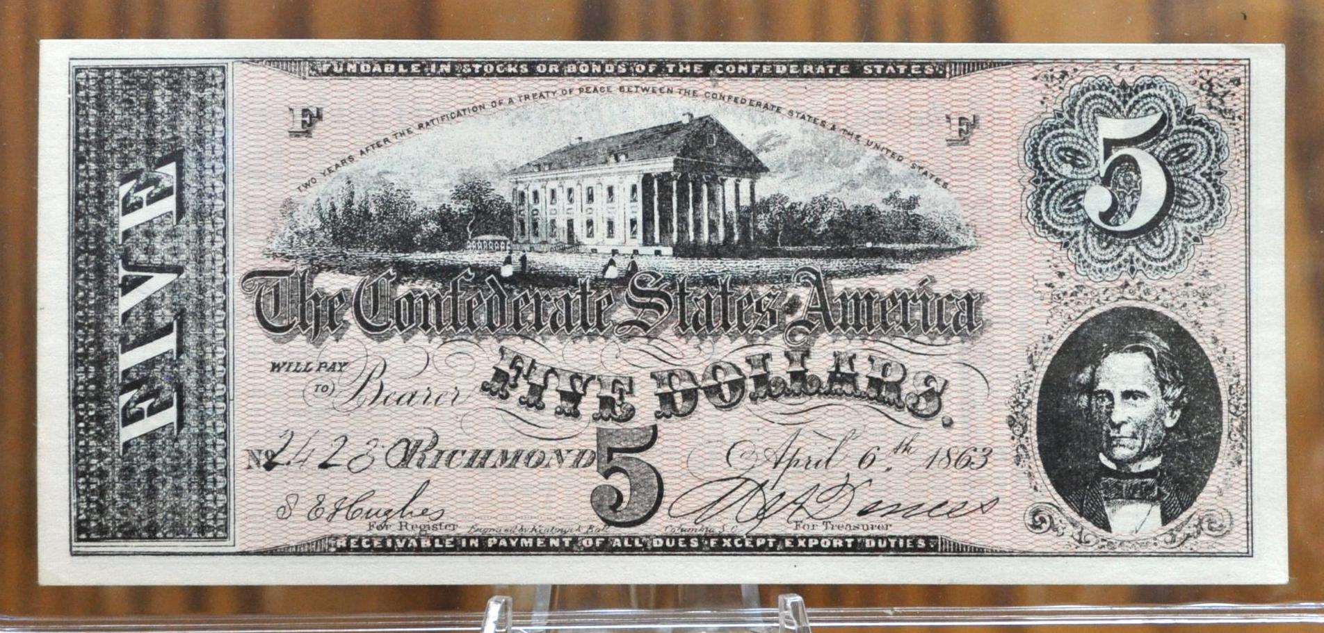 1960's Facsimile 1863 Confederate States of America 5 Dollar Bill Ad ...