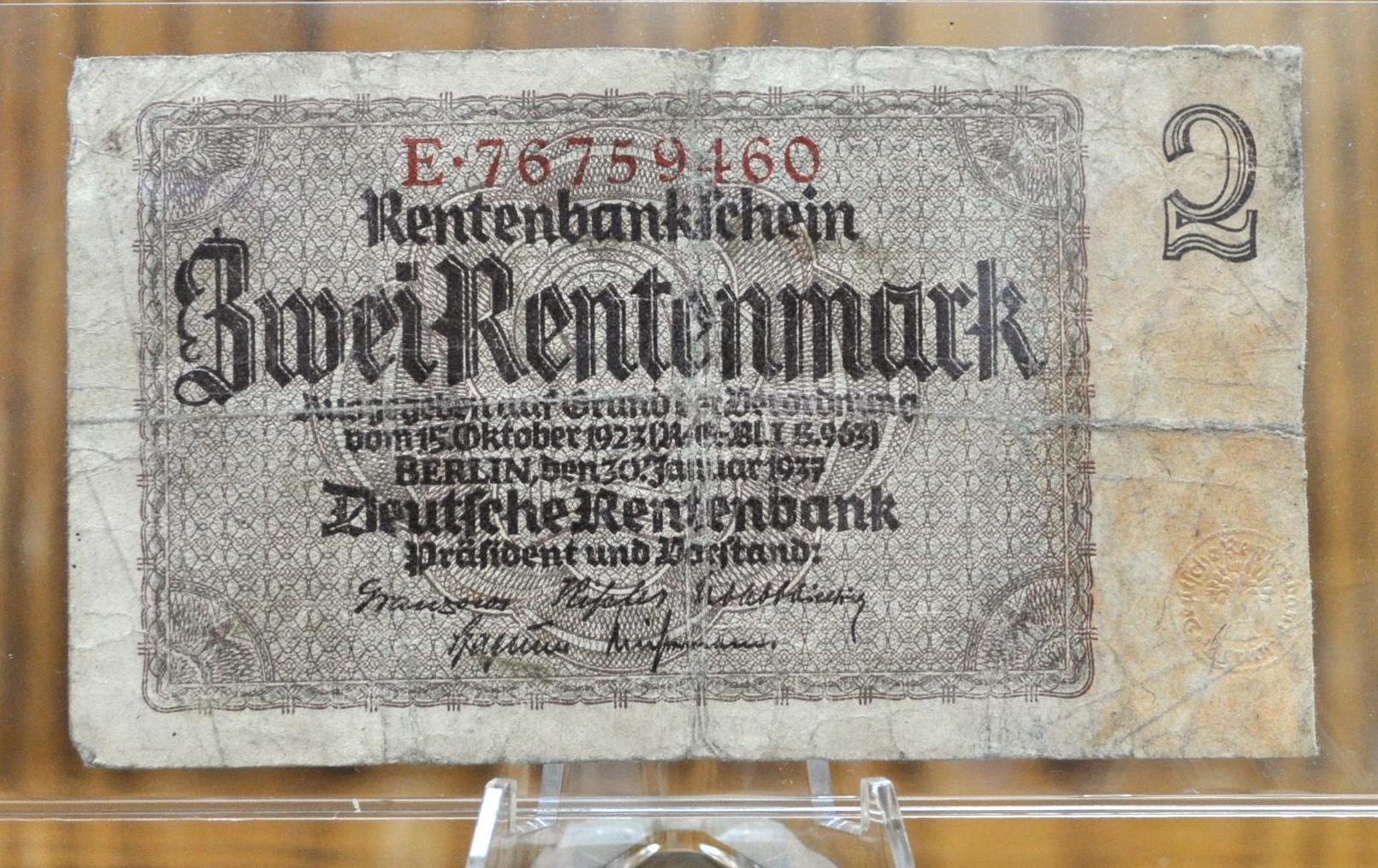 1937 2 Rentenmark German Paper Note - Rentenbankschein - 8-Digit Seria ...