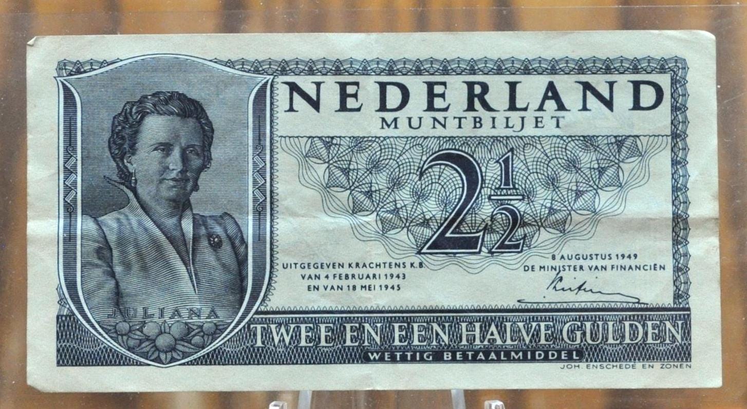 1949 Netherlands 2 1/2 Gulden Banknote - 1949 Muntbiljet Issue - Julia ...