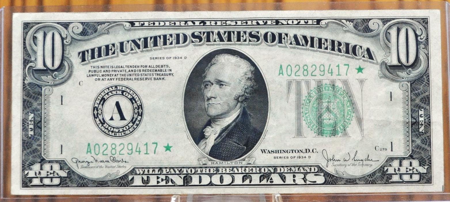 1934-D Federal Reserve 10 Dollar STAR Note - Extremely Fine (XF) - Bos ...