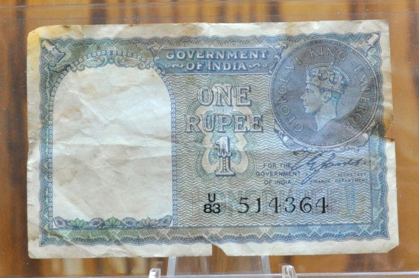 1940 India 1 Rupee Banknote - WWII Era Banknote - King George VI Coin ...
