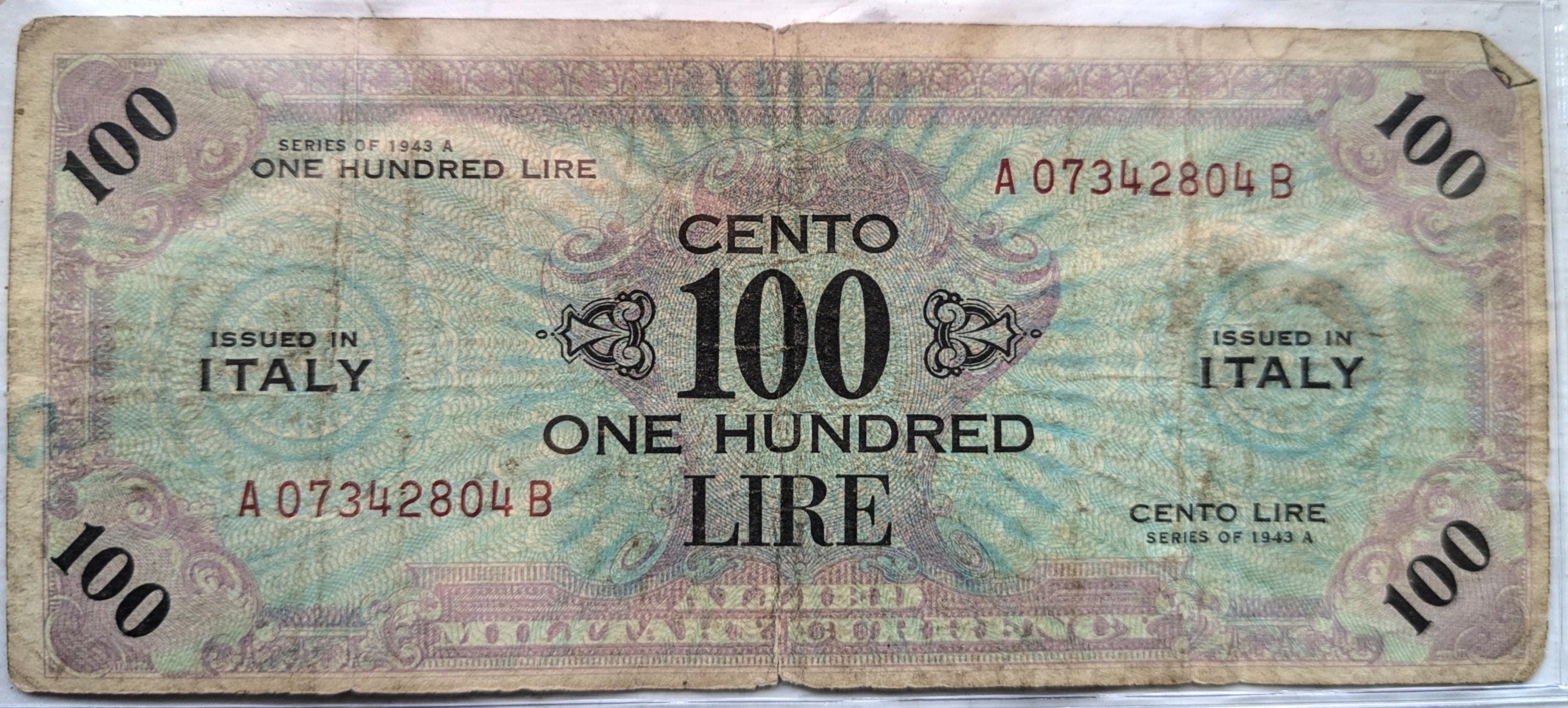 1943A 100 Lire Allied Military Italian Note - A-B Block - Italy One Hu ...