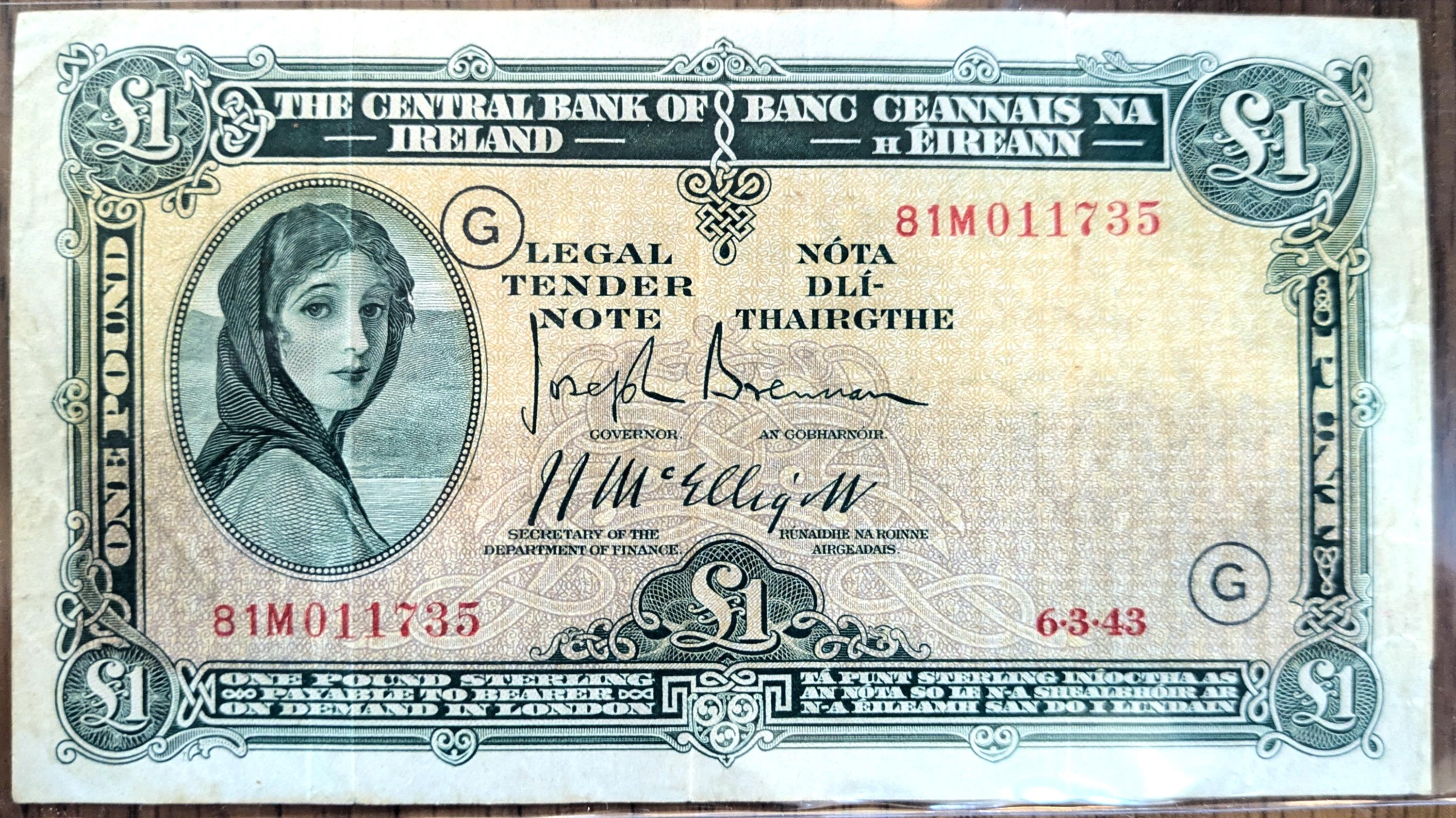 RARE 1943 Central Bank of Ireland 1 Pound Note - WWII War Code "G" - L ...