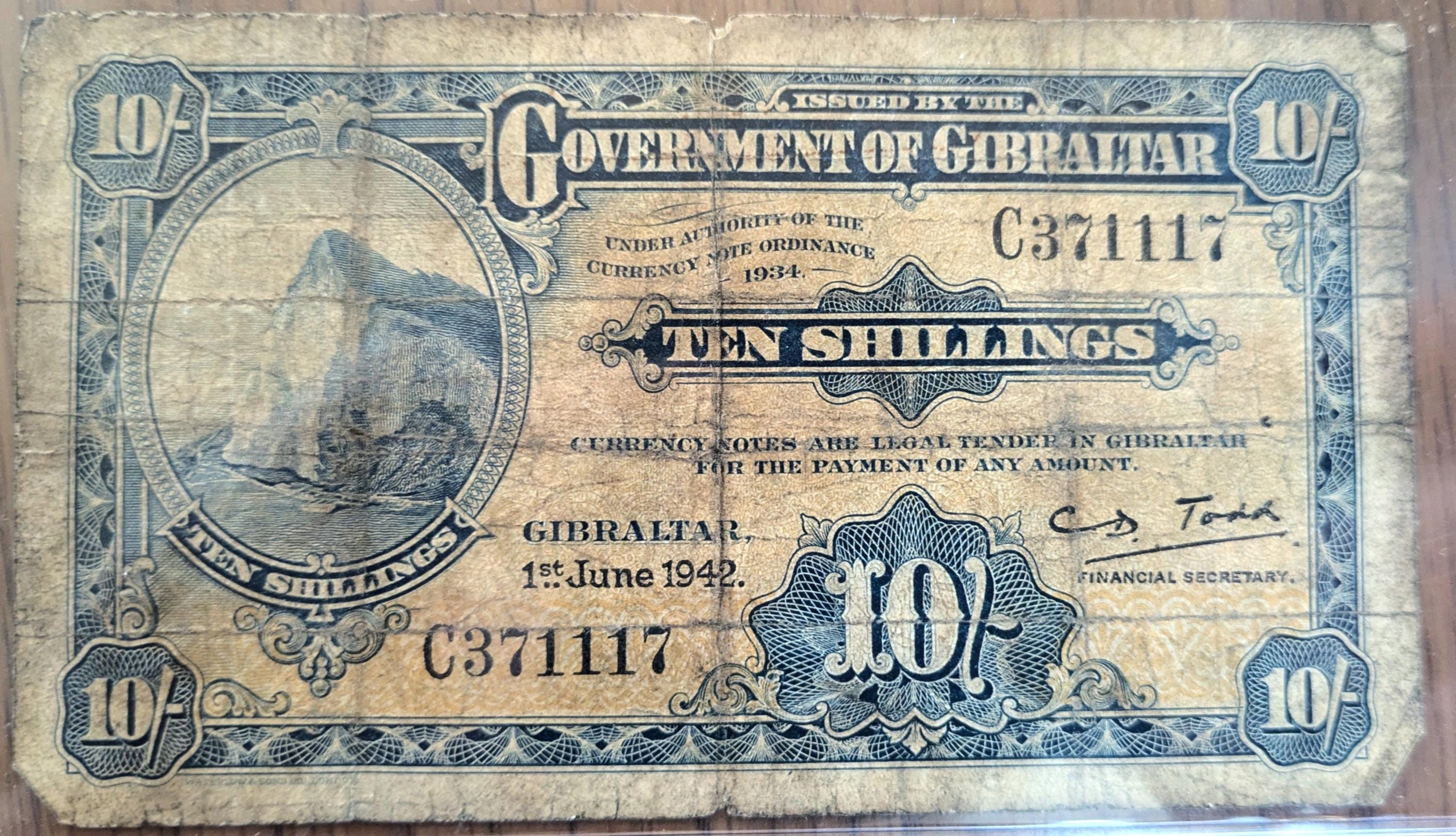 1942 Government of Gibraltar 10 Shillings Note - Financial Secretary T ...