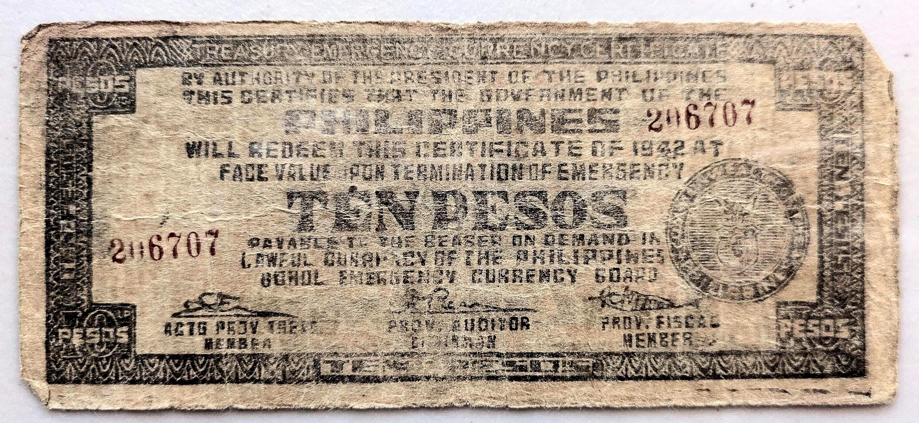 1942 Philippines Bohol Emergency 10 Peso Note - WWII Emergency Currenc ...