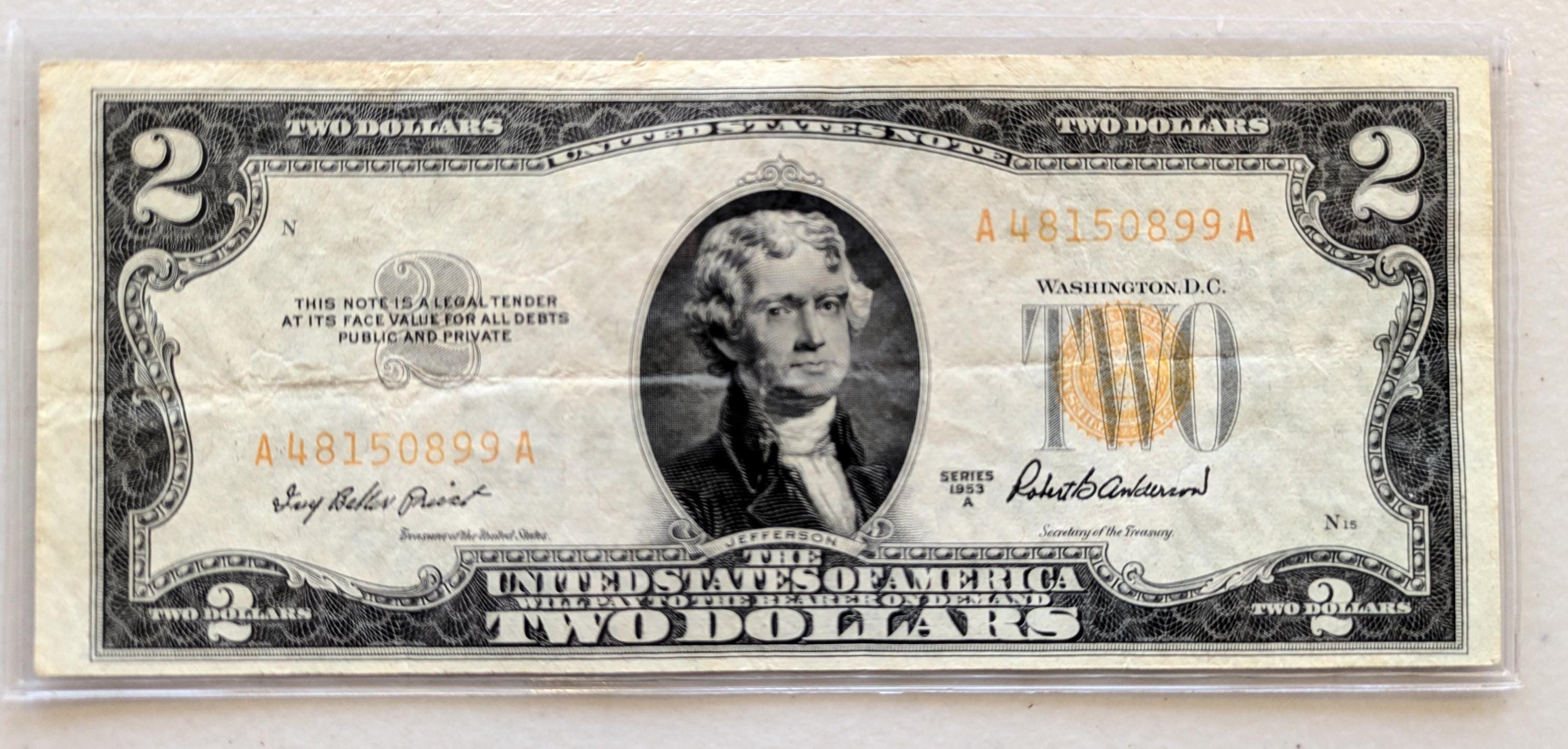 1953A US 2 Dollar Legal Tender Faded Ink Note - Contaminated Orange/Go ...