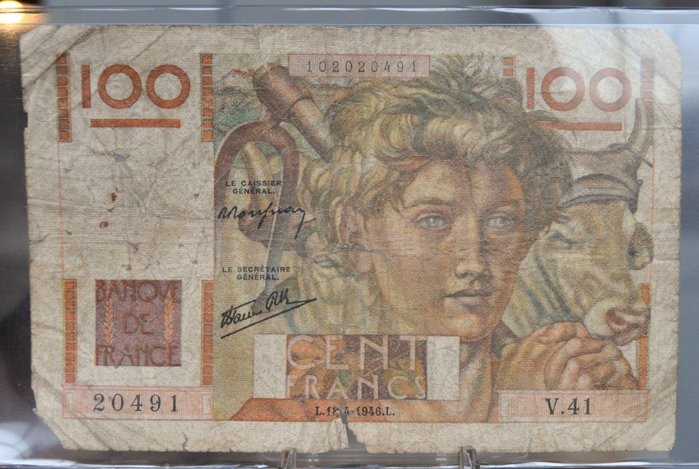 1946 Bank of France 100 Franc Note - Farmer Type - Rousseau/Favre-Gill ...