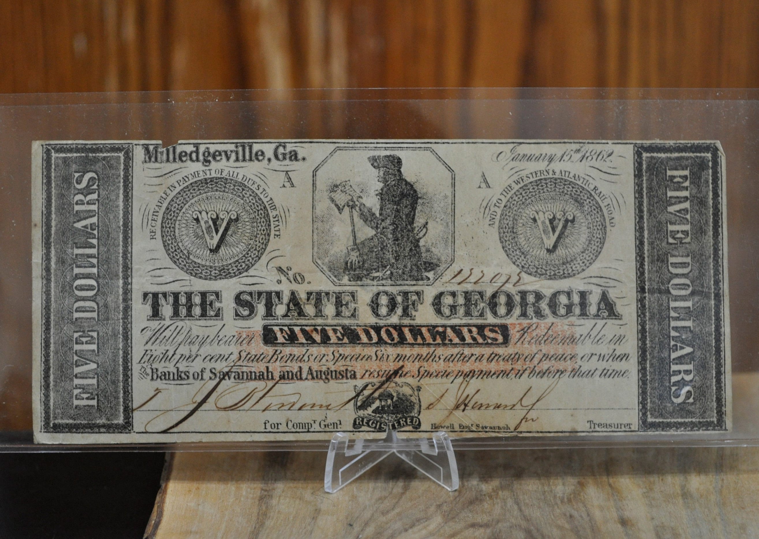 1862 The State of Georgia 5 Dollar Paper Banknote - VG Condition, one ...