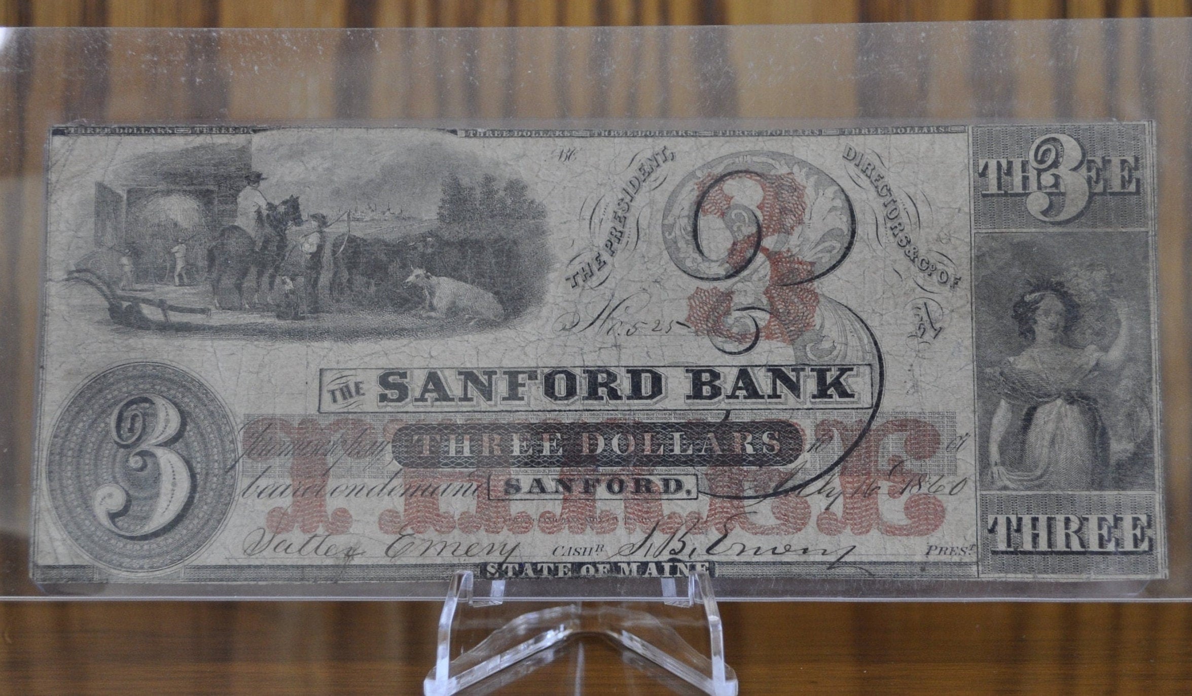 1860 The Sanford Bank 3 Dollar Paper Banknote, Sanford ME - F Conditio ...